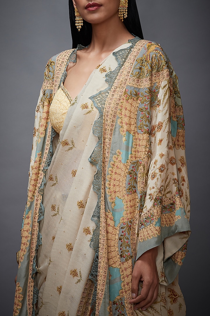 Beige & Sage Green Silk Chinon Floral Printed Jacket Saree Set by Ri Ritu Kumar at Pernia's Pop ...