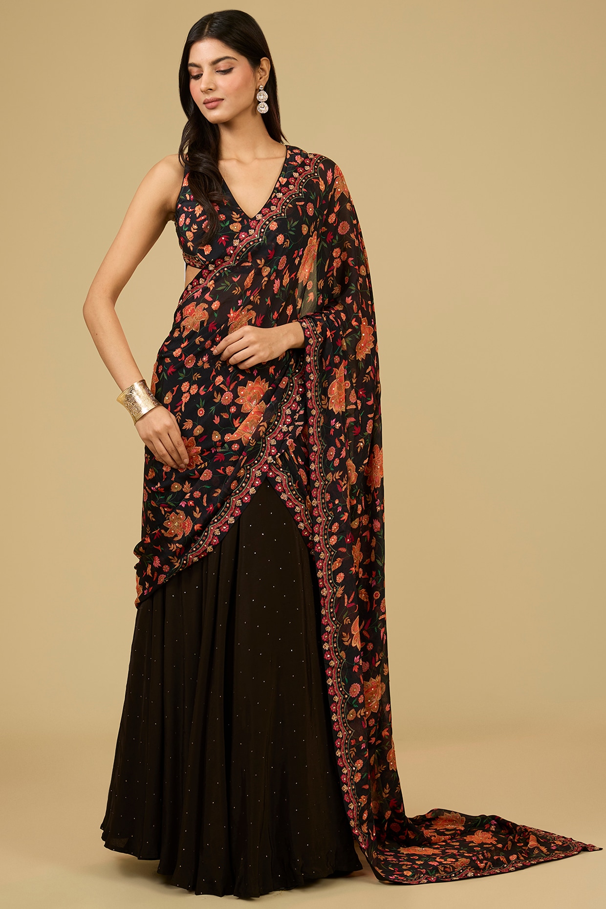Black Rayon Crepe Zardosi Embroidered Pre-Stitched Saree Set by Ri Ritu ...
