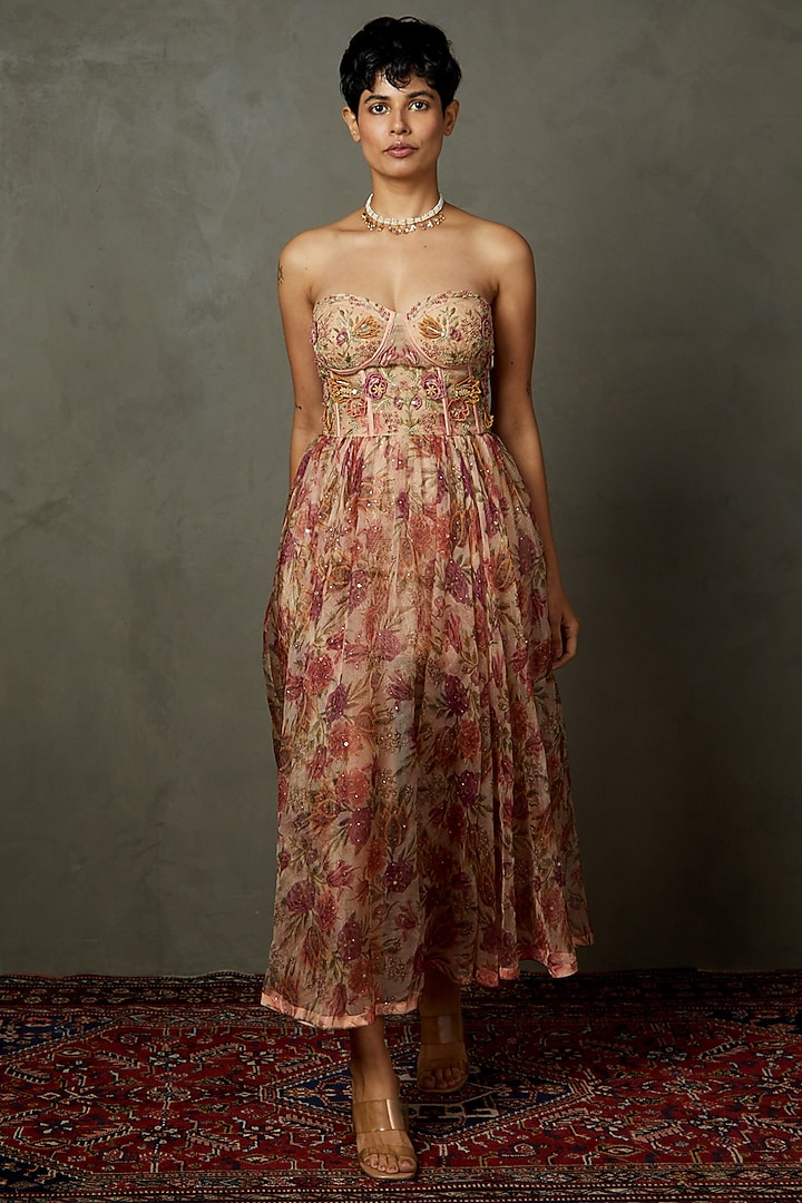 Old Rose Silk Floral Printed & Embroidered Off-Shoulder Dress by Ri ...