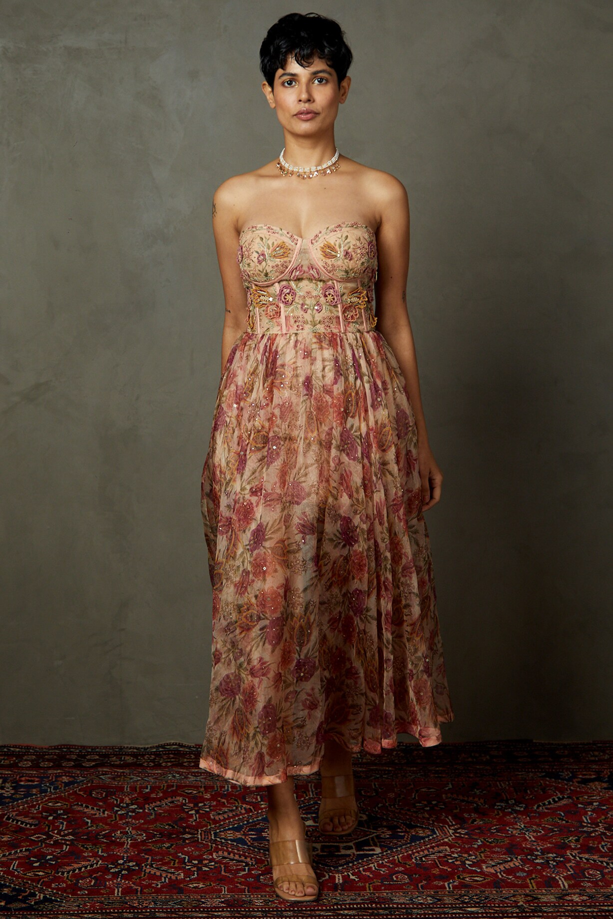 Old Rose Silk Floral Printed & Embroidered Off-Shoulder Dress by Ri ...