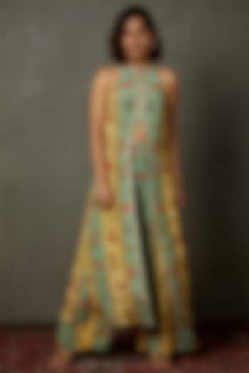 Light Teal Silk Floral Printed & Embroidered Kurta Set by Ri Ritu Kumar at Pernia's Pop Up Shop 2025