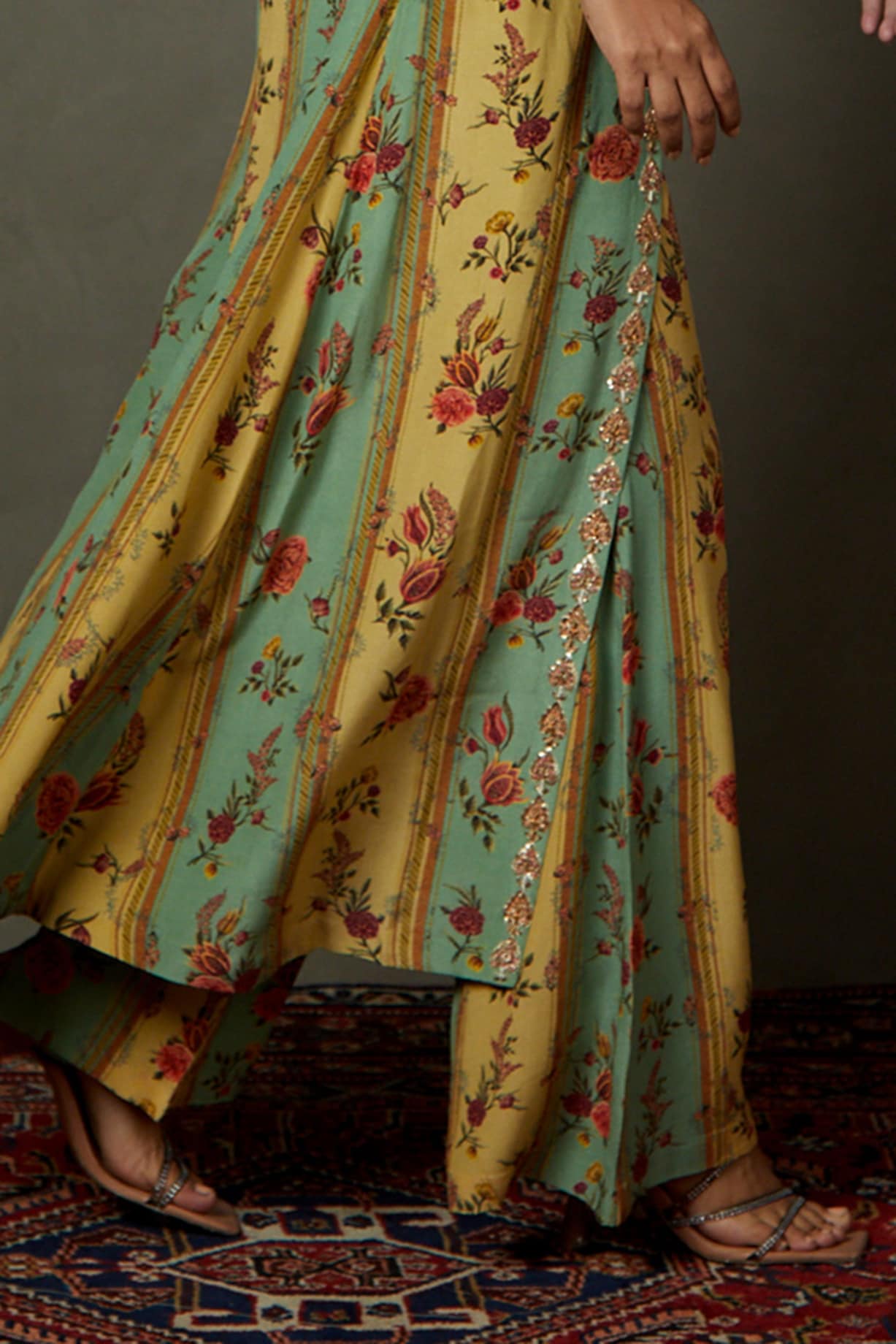 Light Teal Silk Floral Printed & Embroidered Kurta Set by Ri Ritu Kumar at Pernia's Pop Up Shop 2025