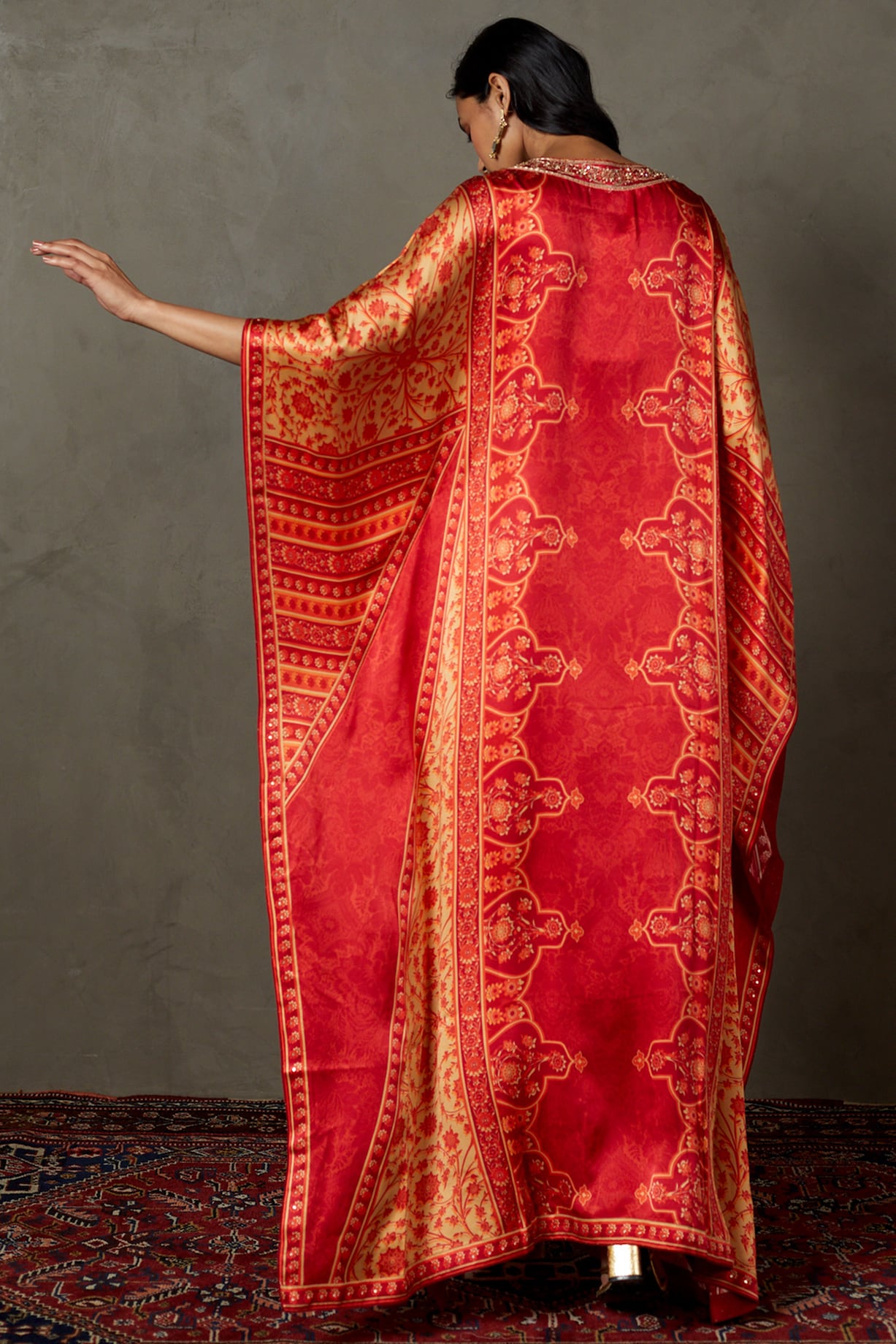 Red Silk & Satin Printed & Embroidered Kaftan by Ri Ritu Kumar at ...