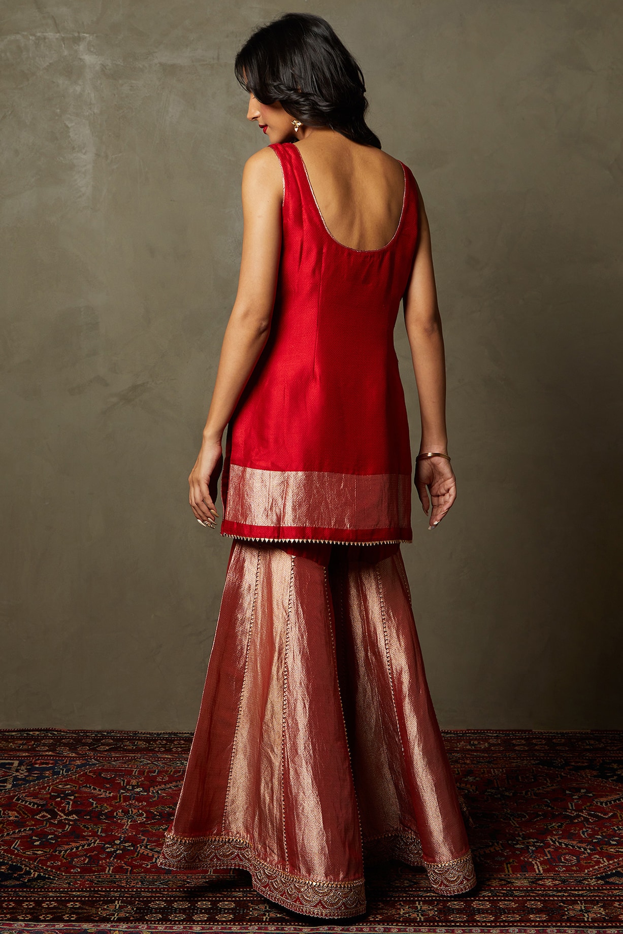 Red & Gold Silk Gharara Set by Ri Ritu Kumar at Pernia's Pop Up Shop 2025