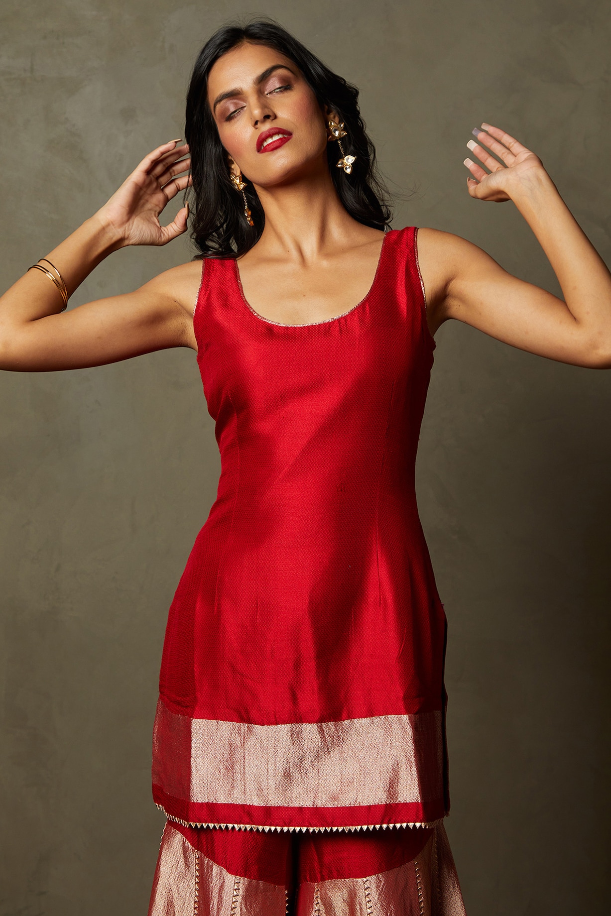 Red & Gold Silk Gharara Set by Ri Ritu Kumar at Pernia's Pop Up Shop 2025