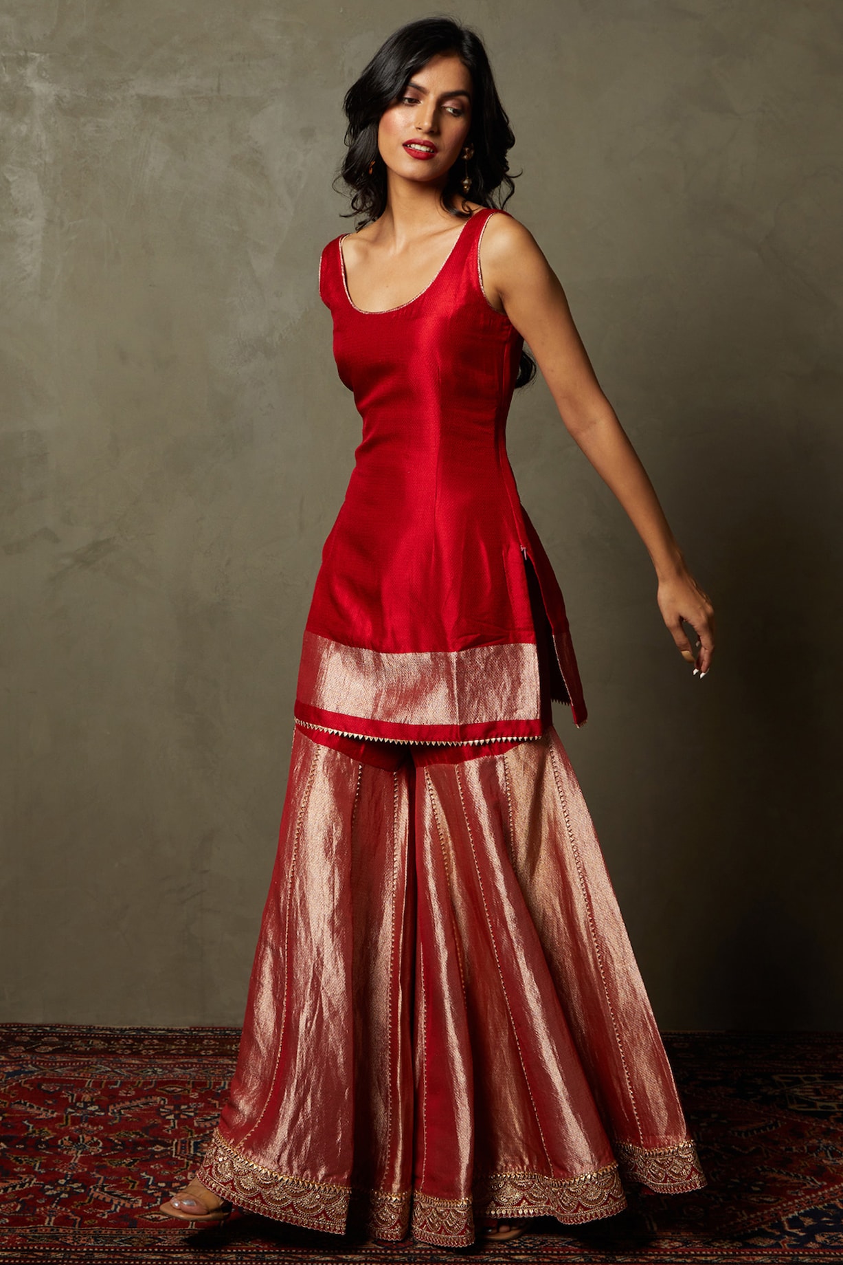 Red & Gold Silk Gharara Set by Ri Ritu Kumar at Pernia's Pop Up Shop 2025