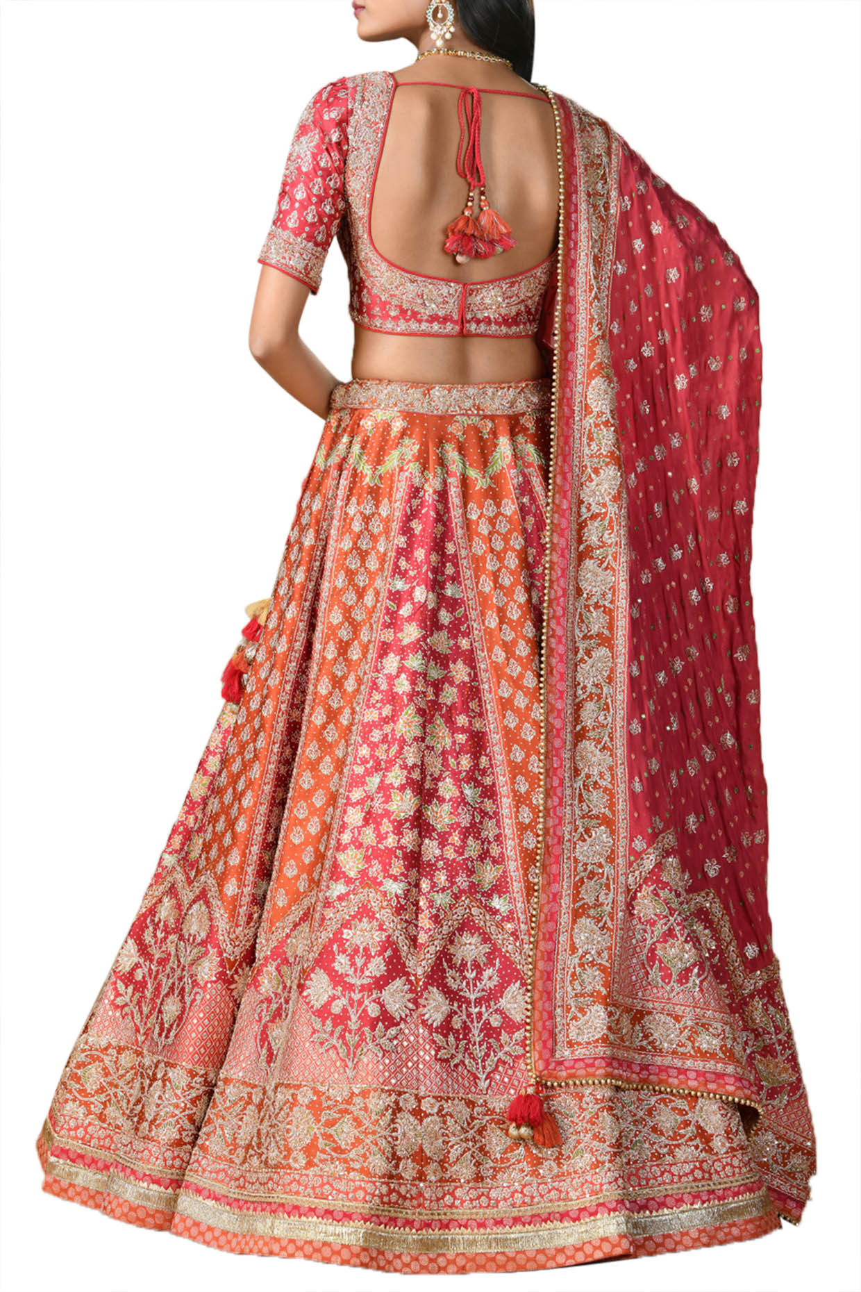 Red And Saffron Embroidered Printed Lehenga Set By Ri Ritu Kumar At