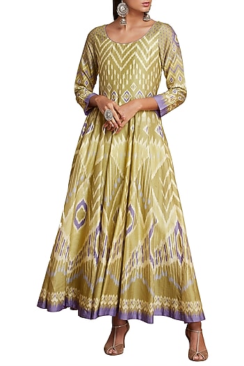 Olive Green Ikat Printed Anarkali Kurta Design by Ri Ritu Kumar at Pernia's Pop Up Shop 2021
