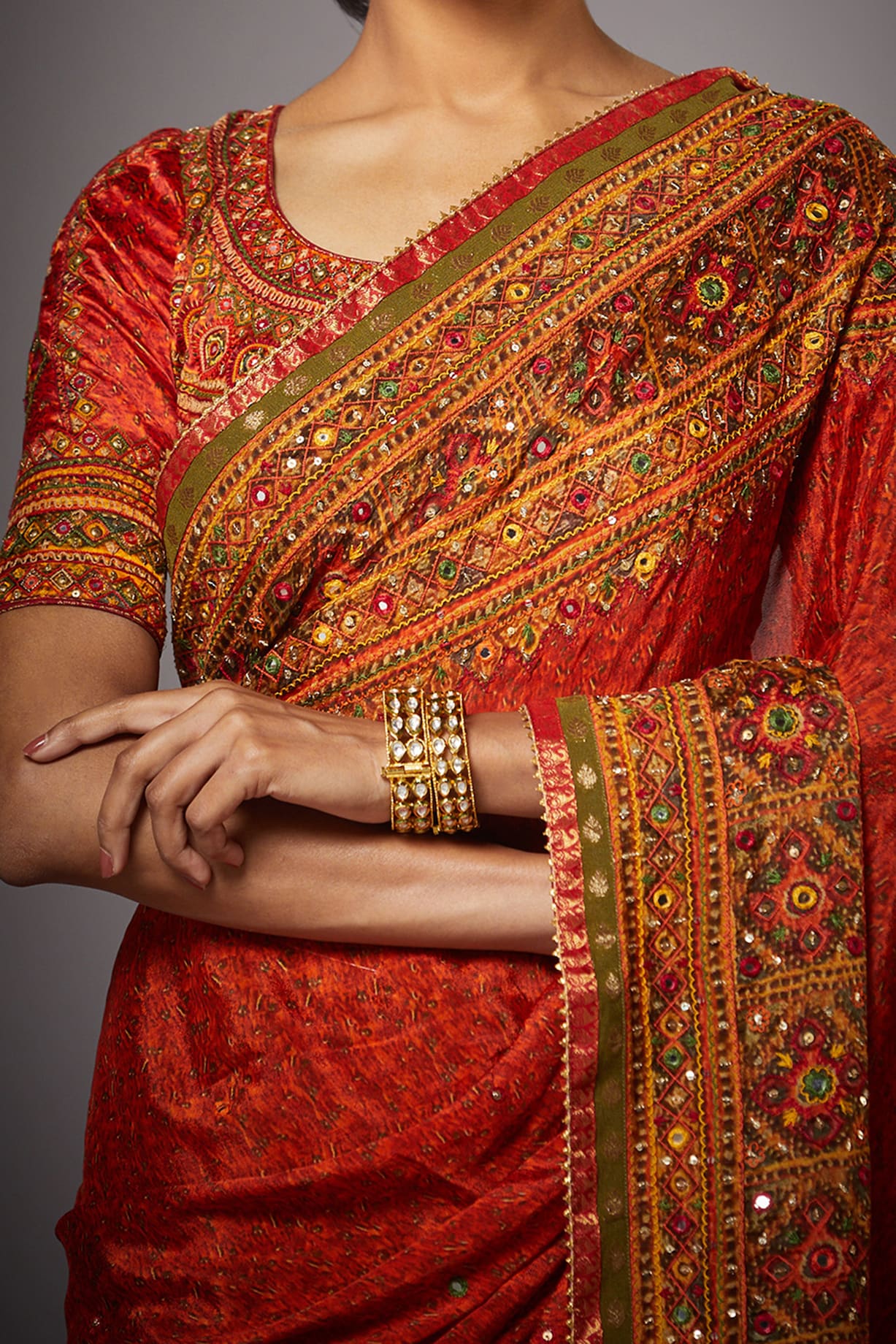 Rust Orange Floral Embroidered Saree Set by Ri Ritu kumar at Pernia's ...