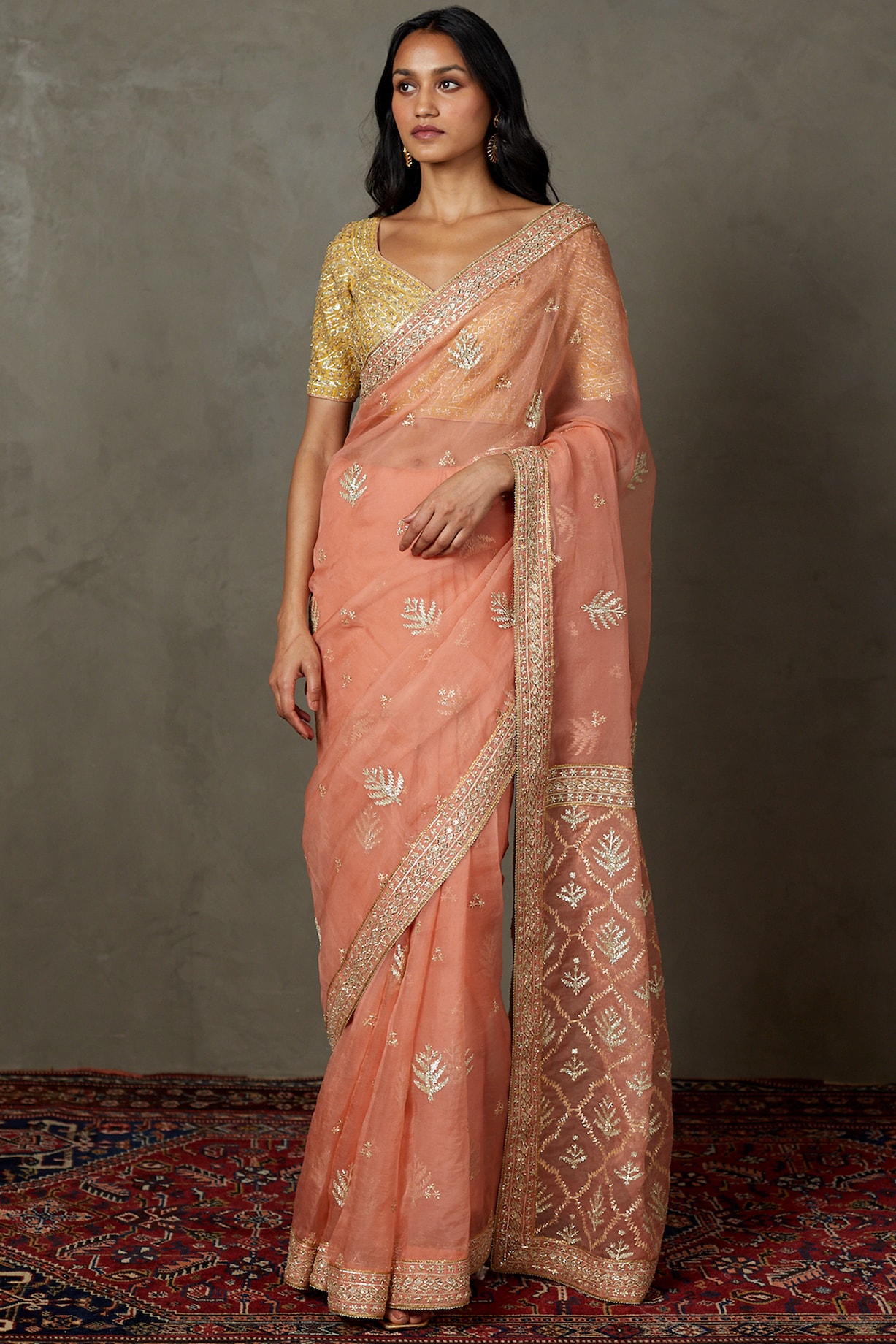 Coral & Yellow Silk Organza Embroidered Saree Set by Ri Ritu Kumar at ...
