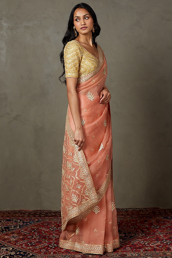 Coral & Yellow Silk Organza Embroidered Saree Set by Ri Ritu Kumar at ...