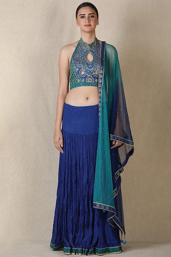 Royal Blue And Jade Embroidered Lehenga Set Design By Ri Ritu Kumar At