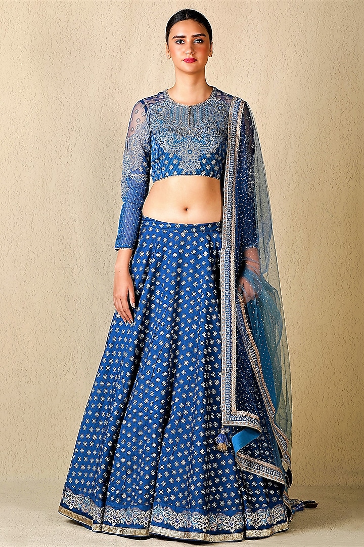 Blue And Beige Embroidered Lehenga Set Design By Ri Ritu Kumar At Pernia