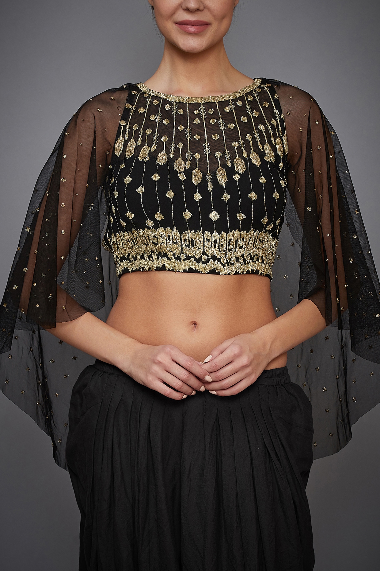 Black Hand Embroidered Cape Blouse by Ri Ritu Kumar at Pernia's Pop Up ...