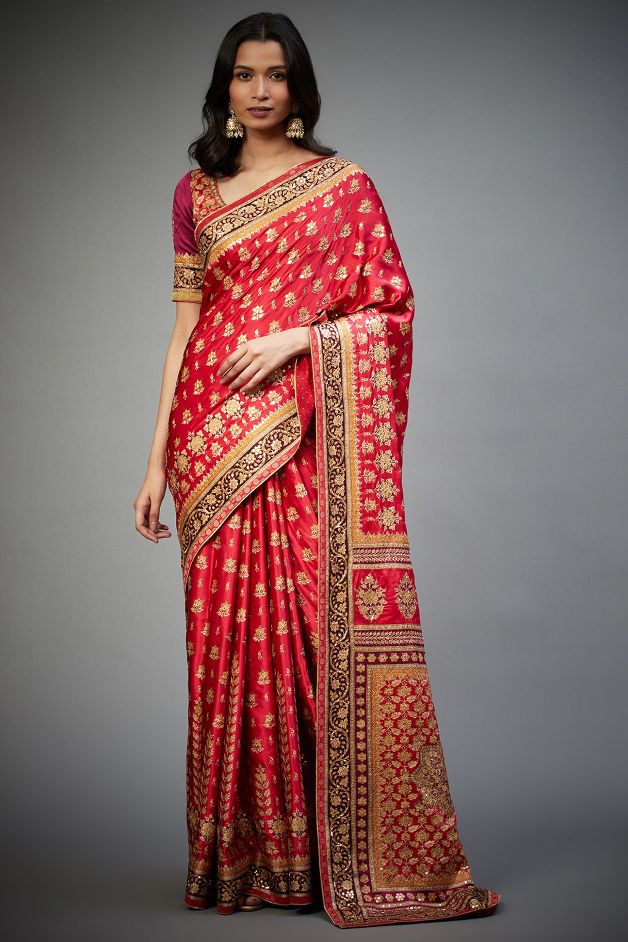 Red & Prune Silk Satin Saree Set by Ri Ritu Kumar at Pernia's Pop Up ...