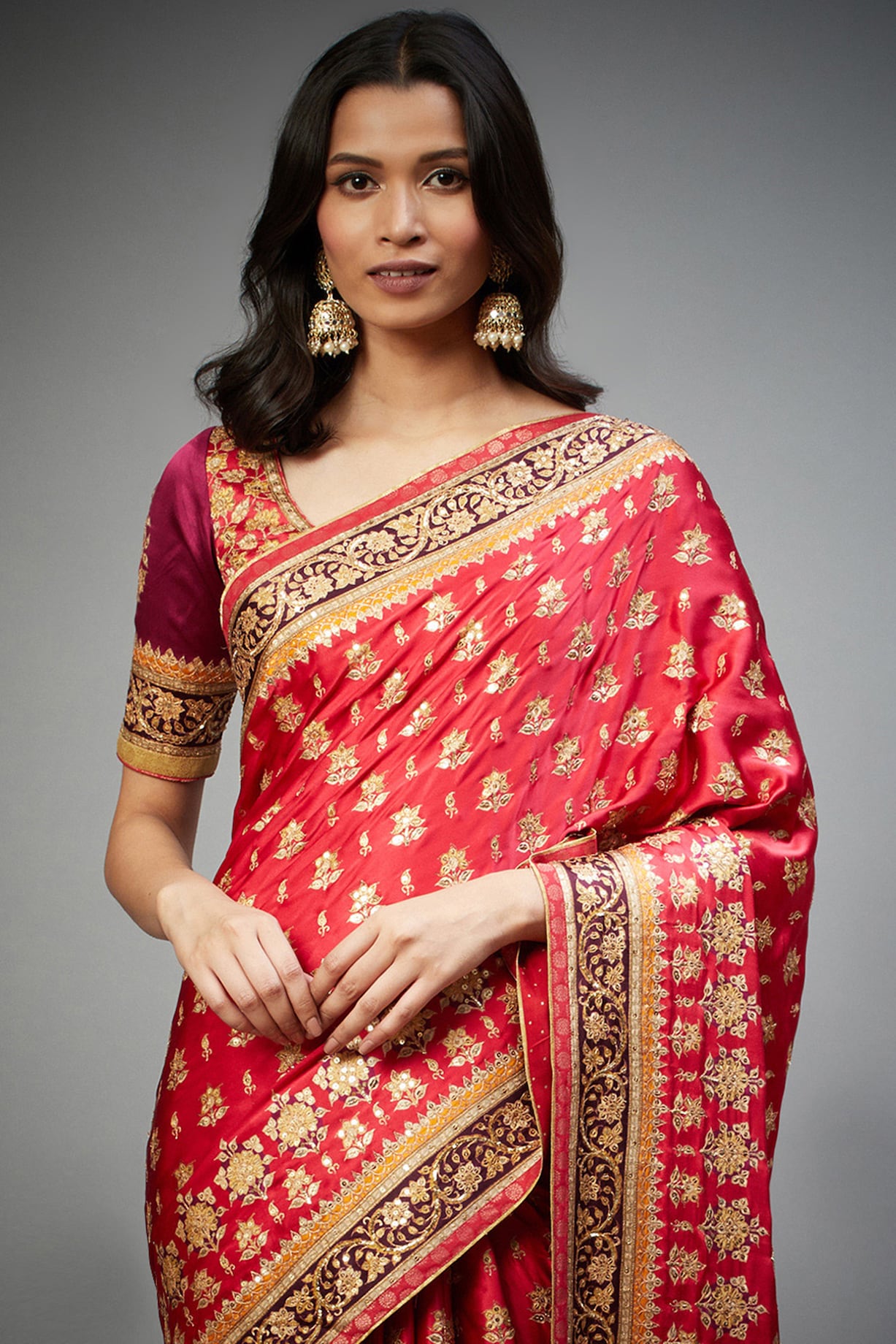 Red & Prune Silk Satin Saree Set by Ri Ritu Kumar at Pernia's Pop Up ...