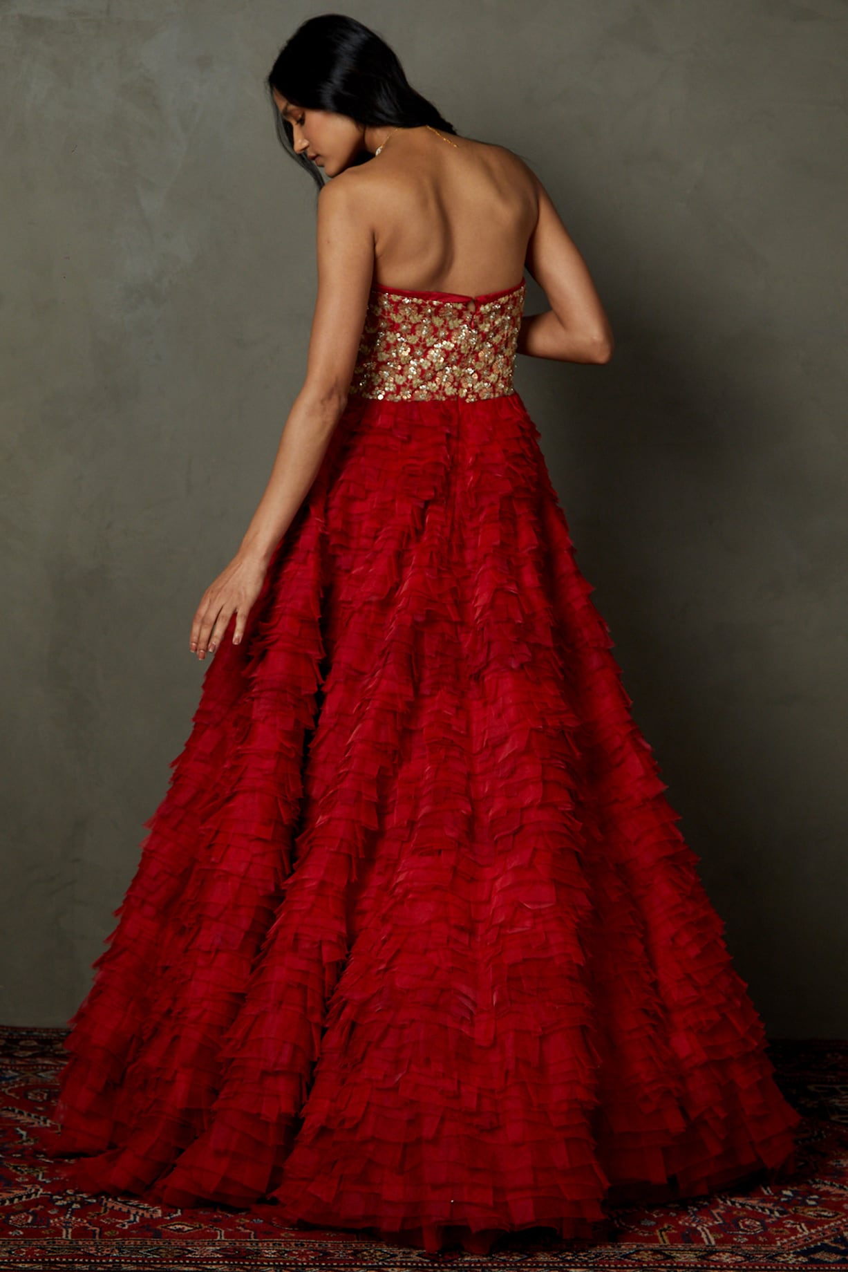 Scarlet Red Polyester Floral Printed & Embroidered Off-Shoulder Gown ...