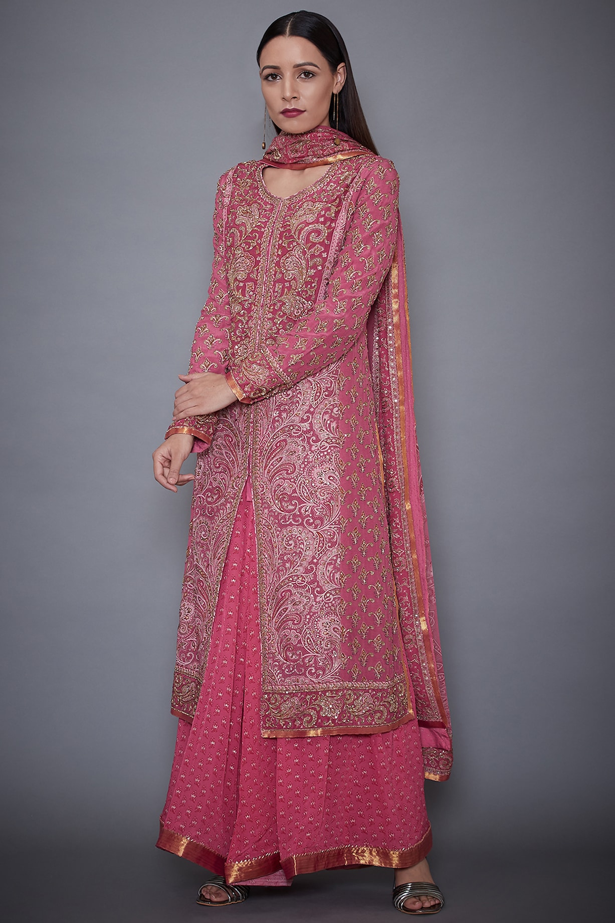 Pink & Gold Embroidered Printed Kurta Set by Ri Ritu Kumar at Pernia's Pop Up Shop 2024