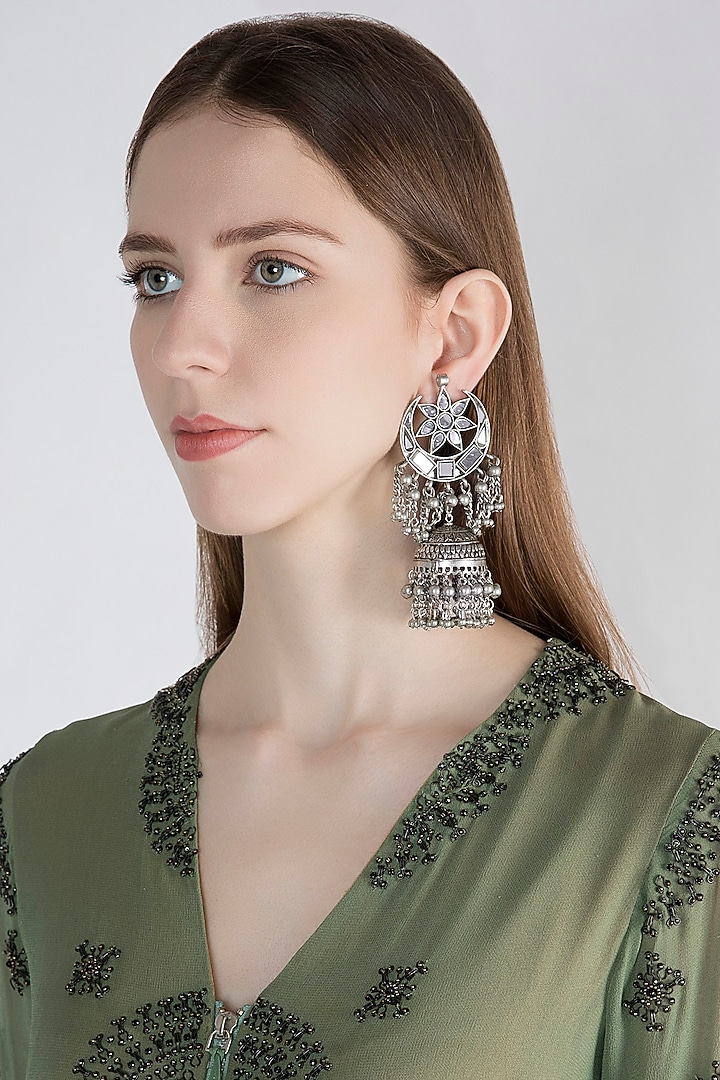 Antique Silver Finish Mirror Long Jhumka Earrings by Ritika Sachdeva at Pernia's Pop Up Shop 2025