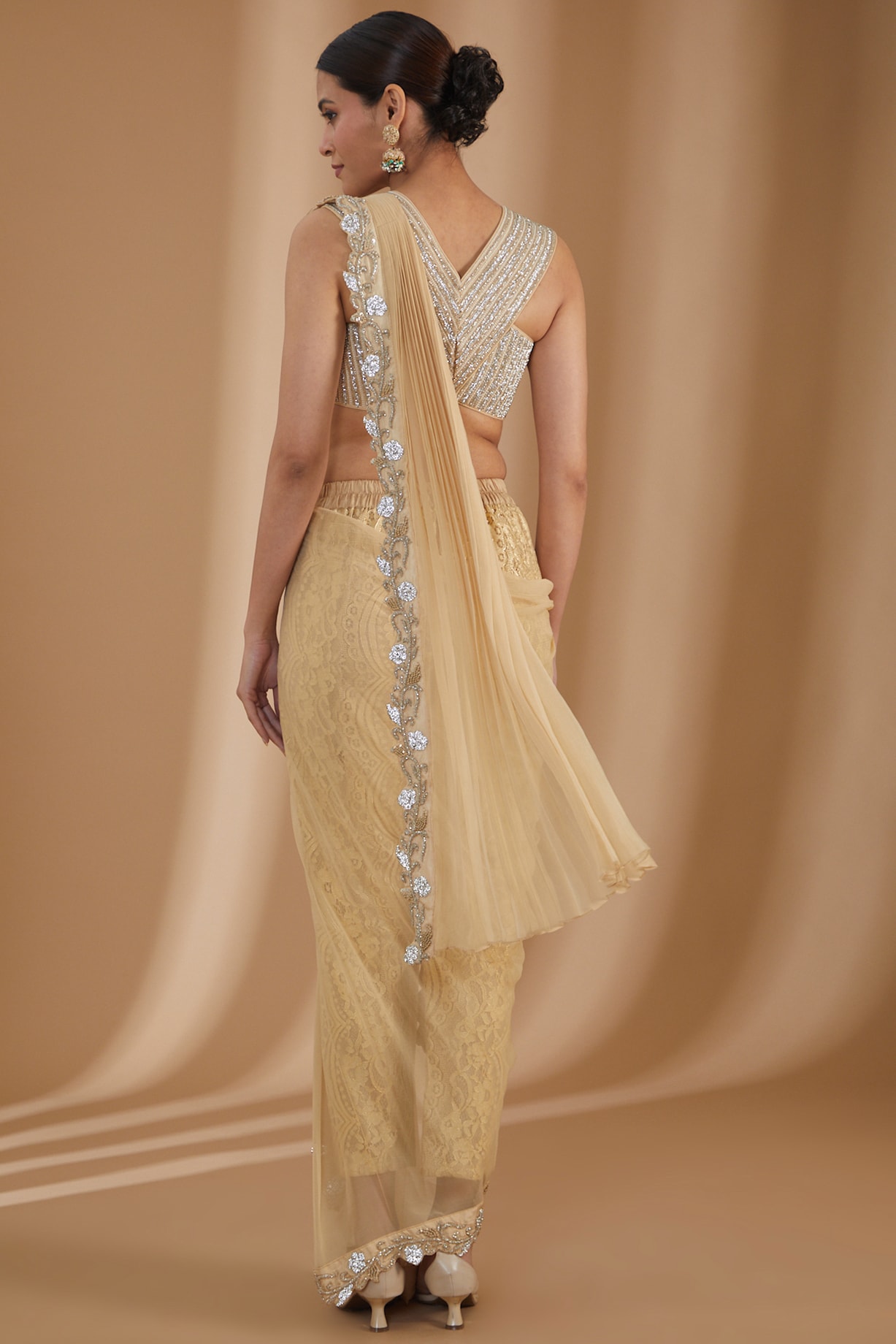 Beige Uppada Silk & Chiffon Lace Embroidered Pant Saree Set by Rashi ...