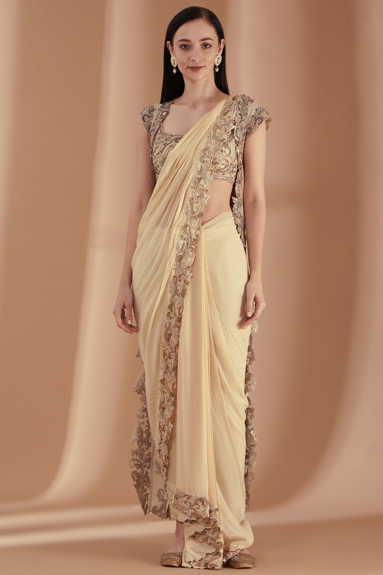 Champagne Satin Silk Embroidered Draped Sharara Saree Set by Rashi ...
