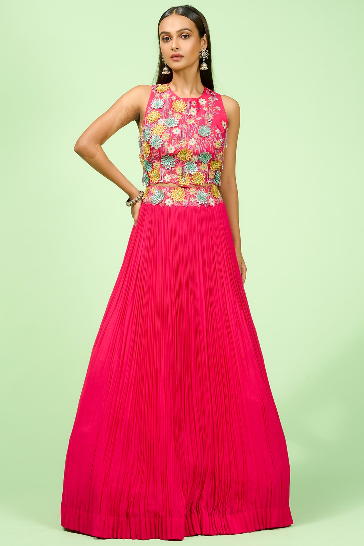 Rani Georgette Pleated Wedding Lehenga Set by Rishi & Soujit at Pernia's Pop Up Shop 2025