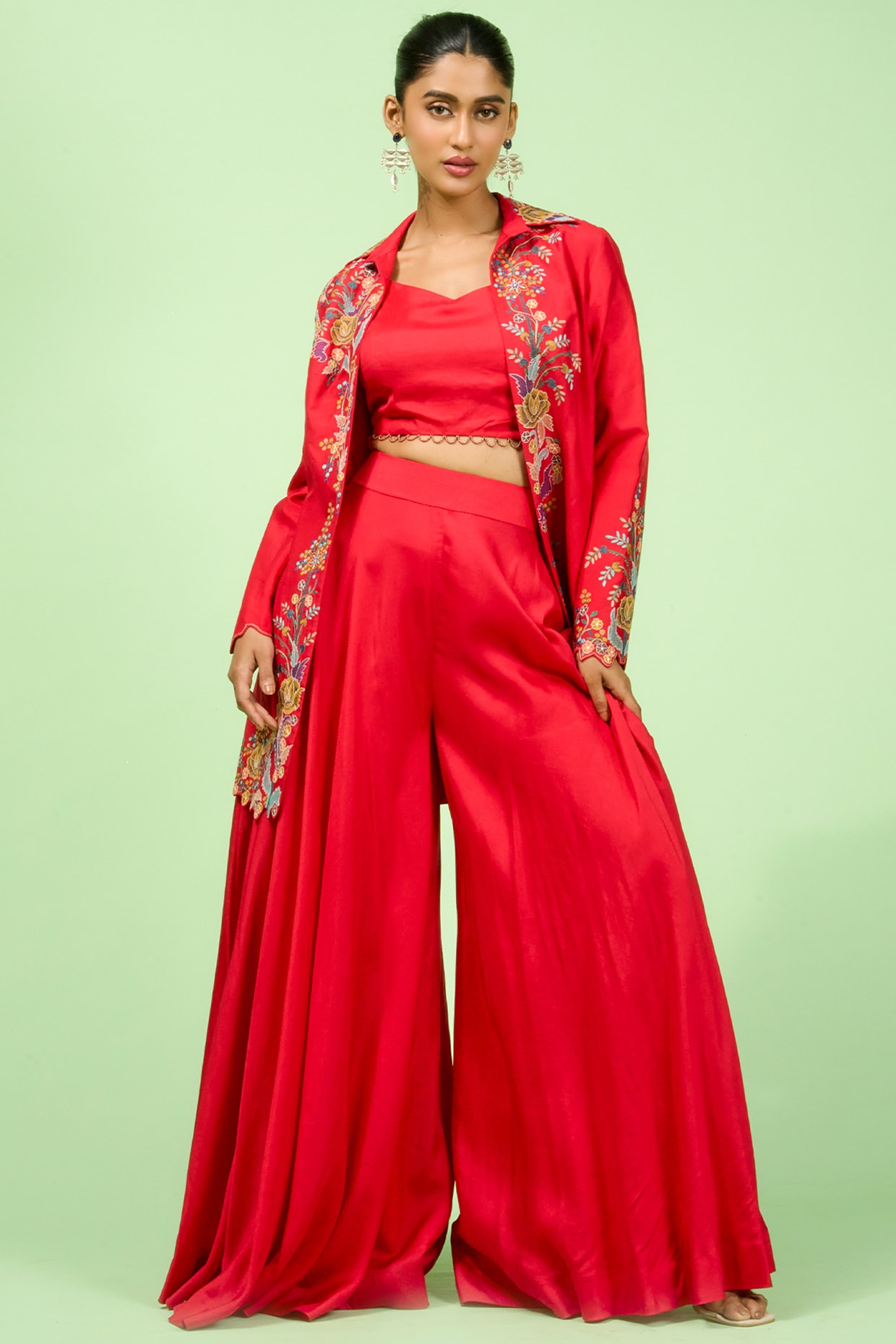 Red Bemberg Silk Thread Embroidered Jacket Set by Rishi & Soujit at Pernia's Pop Up Shop 2025