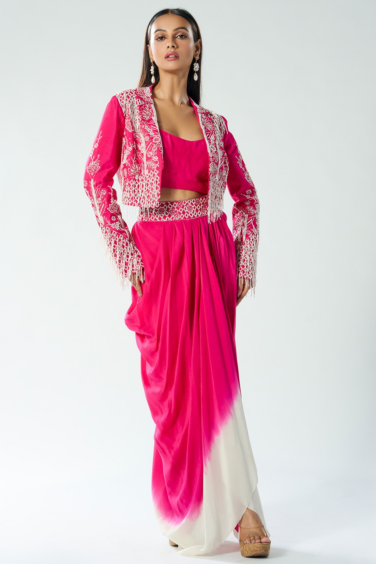 Rani Crepe Beads Embroidered Shaded Draped Skirt Set by Rishi & Soujit at Pernia's Pop Up Shop 2025