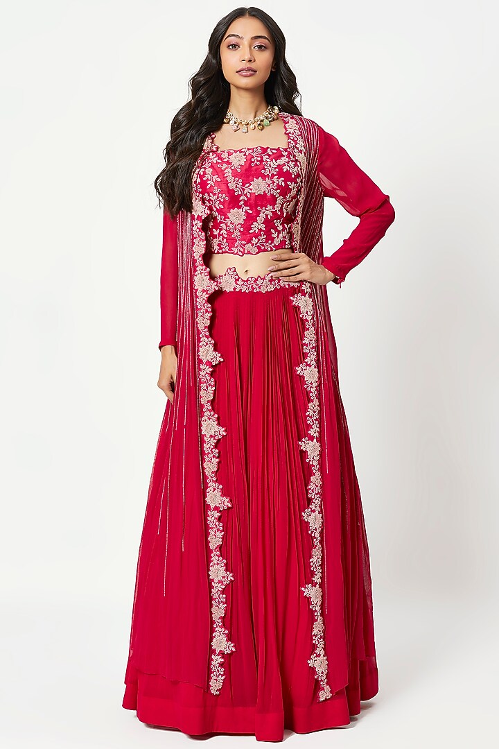 Rani Red Embroidered Skirt Set With Jacket by Rishi & Soujit at Pernia ...