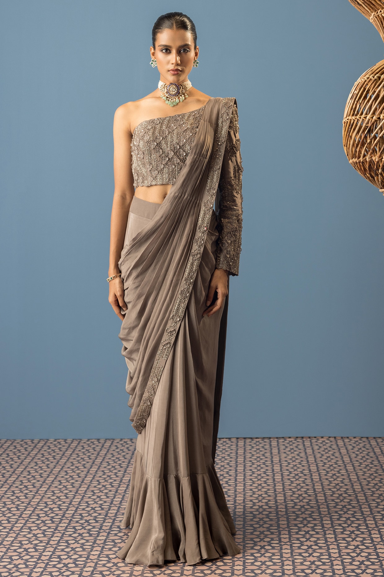 Charcoal Grey Organza & Crepe Embroidered Draped Saree Set by Rishi & Soujit at Pernia's Pop Up ...