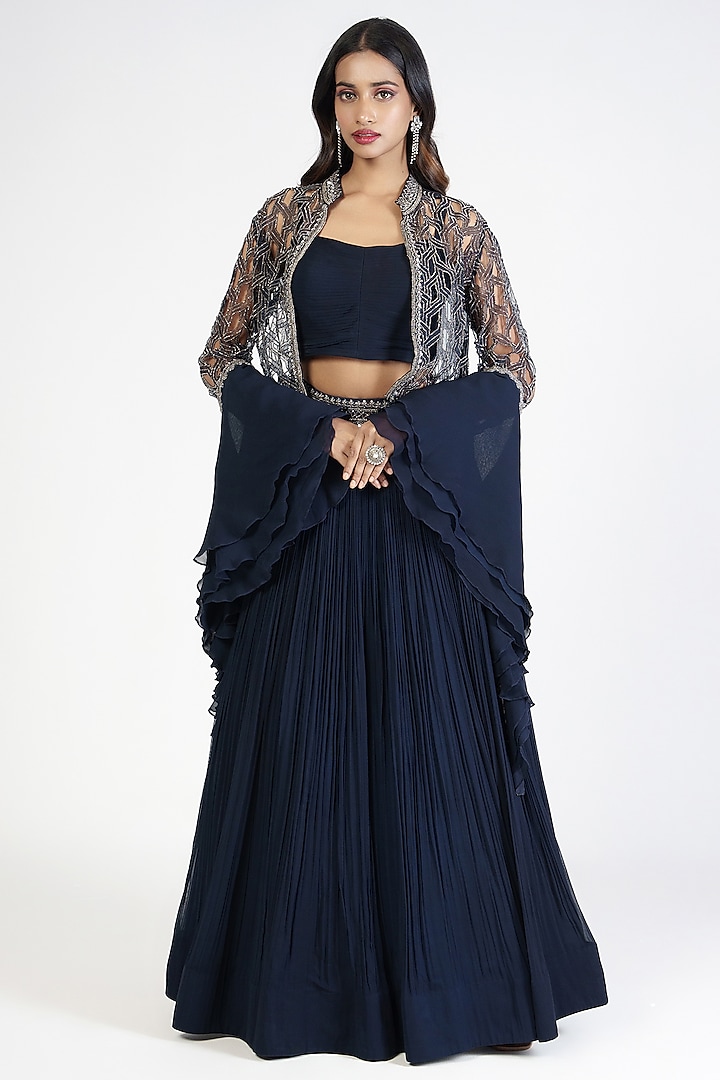 Navy Blue Organza & Georgette Cutwork Embellished Jacket Wedding Lehenga Set by Rishi & Soujit ...