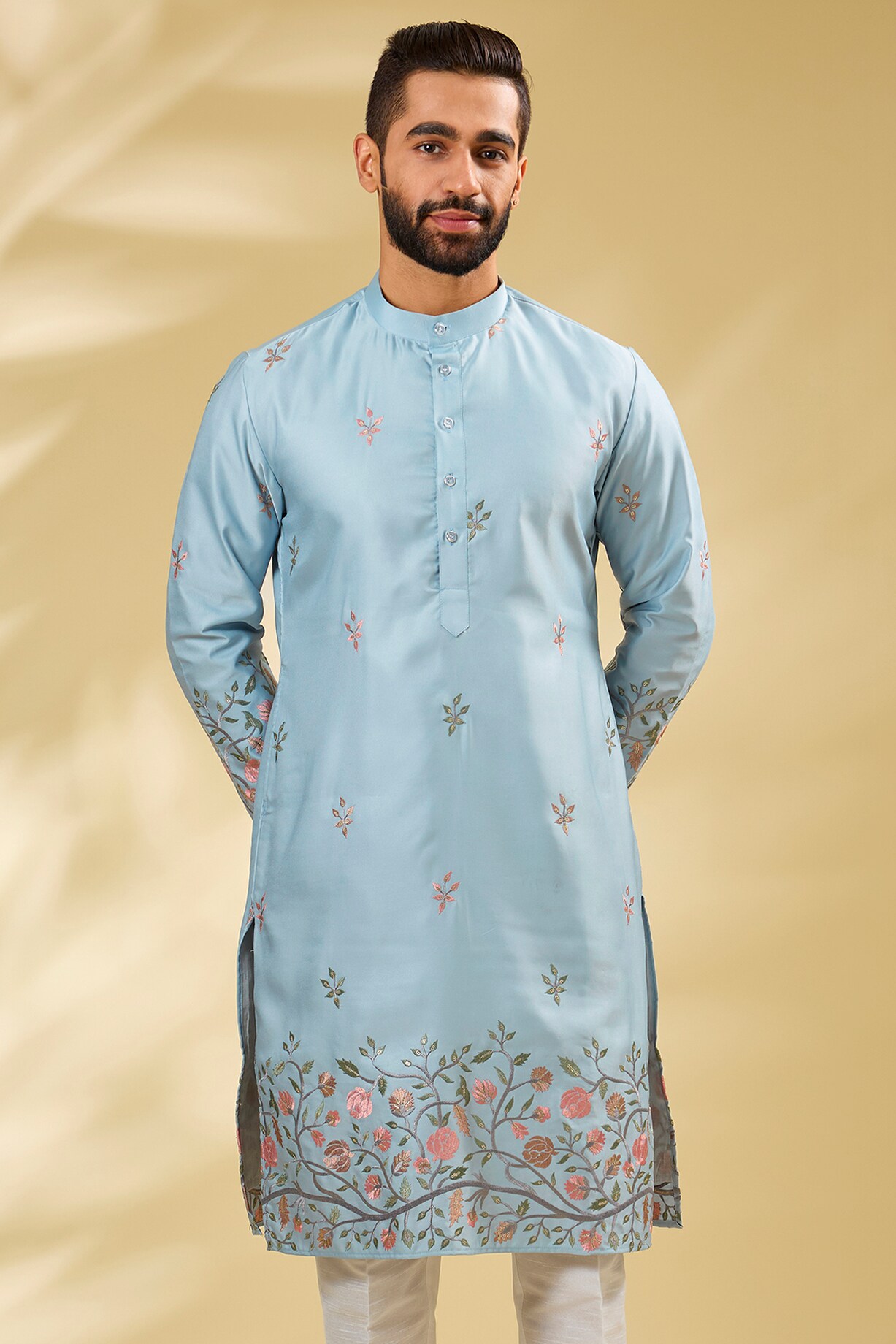 Sky Blue Crepe Silk Resham Embroidered Kurta Set by RNG Safawala Men at Pernia's Pop Up Shop 2025
