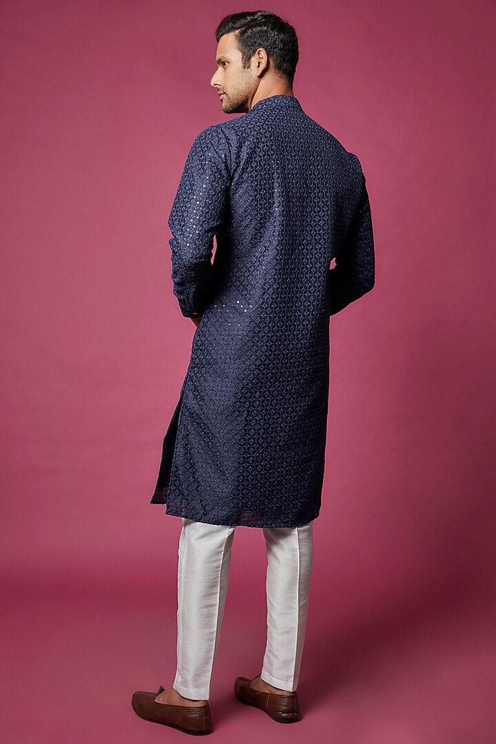 Royal Blue Slub Silk Embroidered Kurta Set by RNG Safawala Men at ...