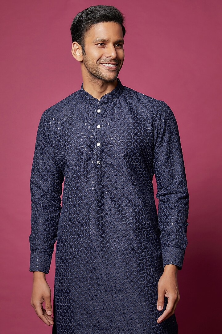 Royal Blue Slub Silk Embroidered Kurta Set by RNG Safawala Men at ...