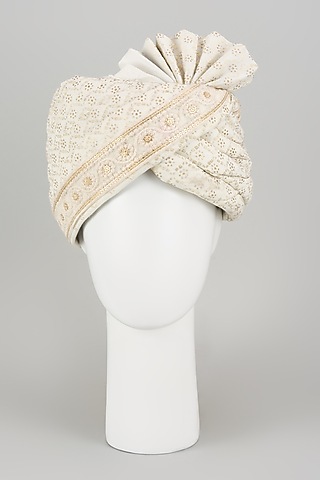 Off-White Art Silk Chikankari Embroidered Hand Draped Safa by RNG ...