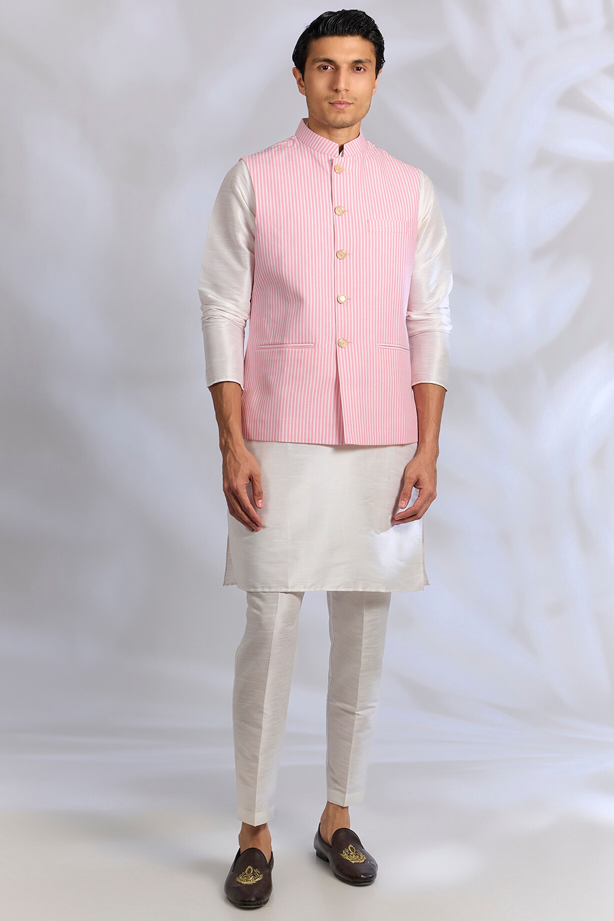Baby Pink Cotton Stripe Printed Bundi Jacket by RNG Safawala Men at Pernia's Pop Up Shop 2025