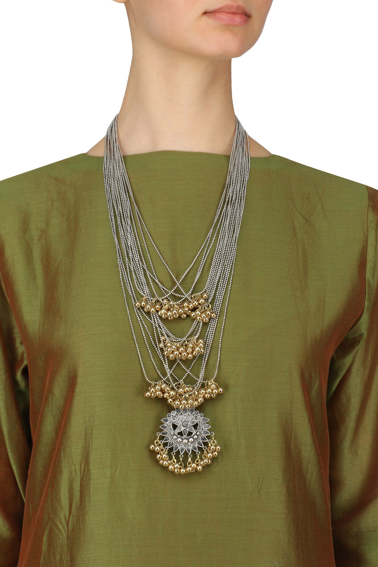 Ritika Sachdeva presents Silver finish floral cutwork pendant multi chains necklace available ...
