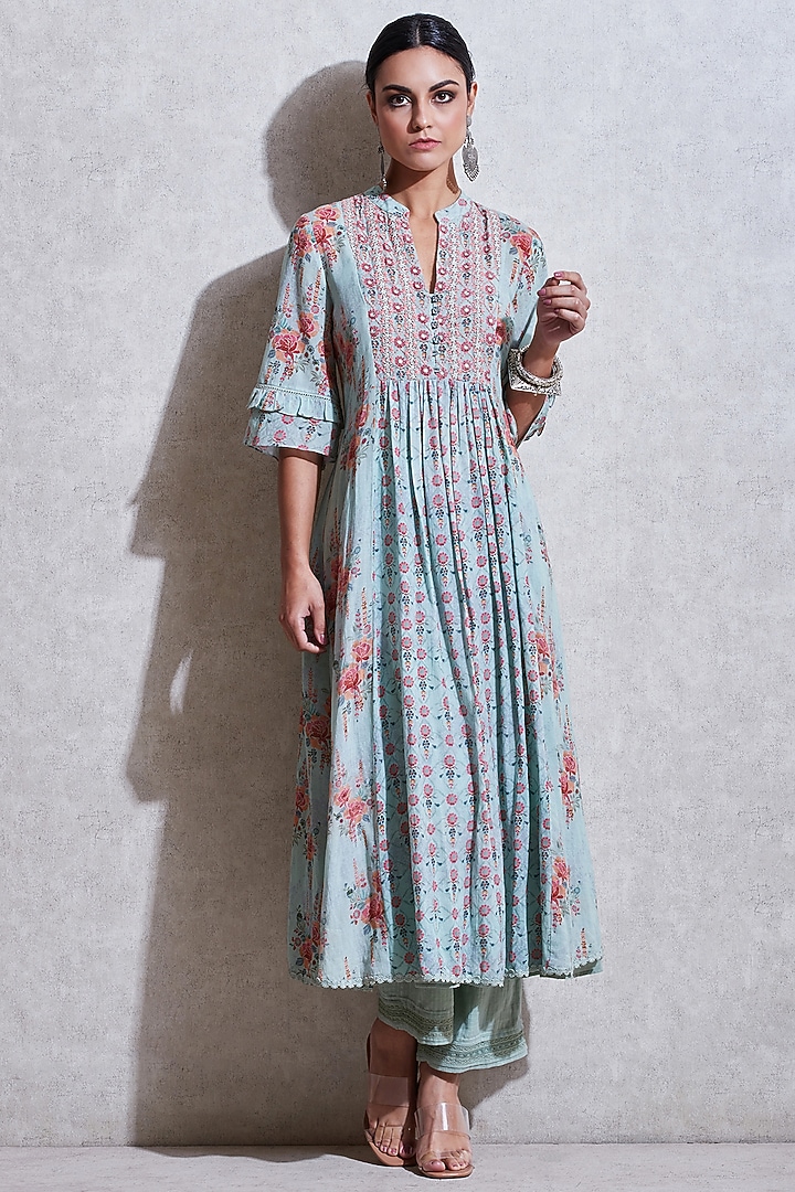 Pista Green Printed Kurta With Pants by Ritu Kumar at Pernia's Pop Up Shop 2025
