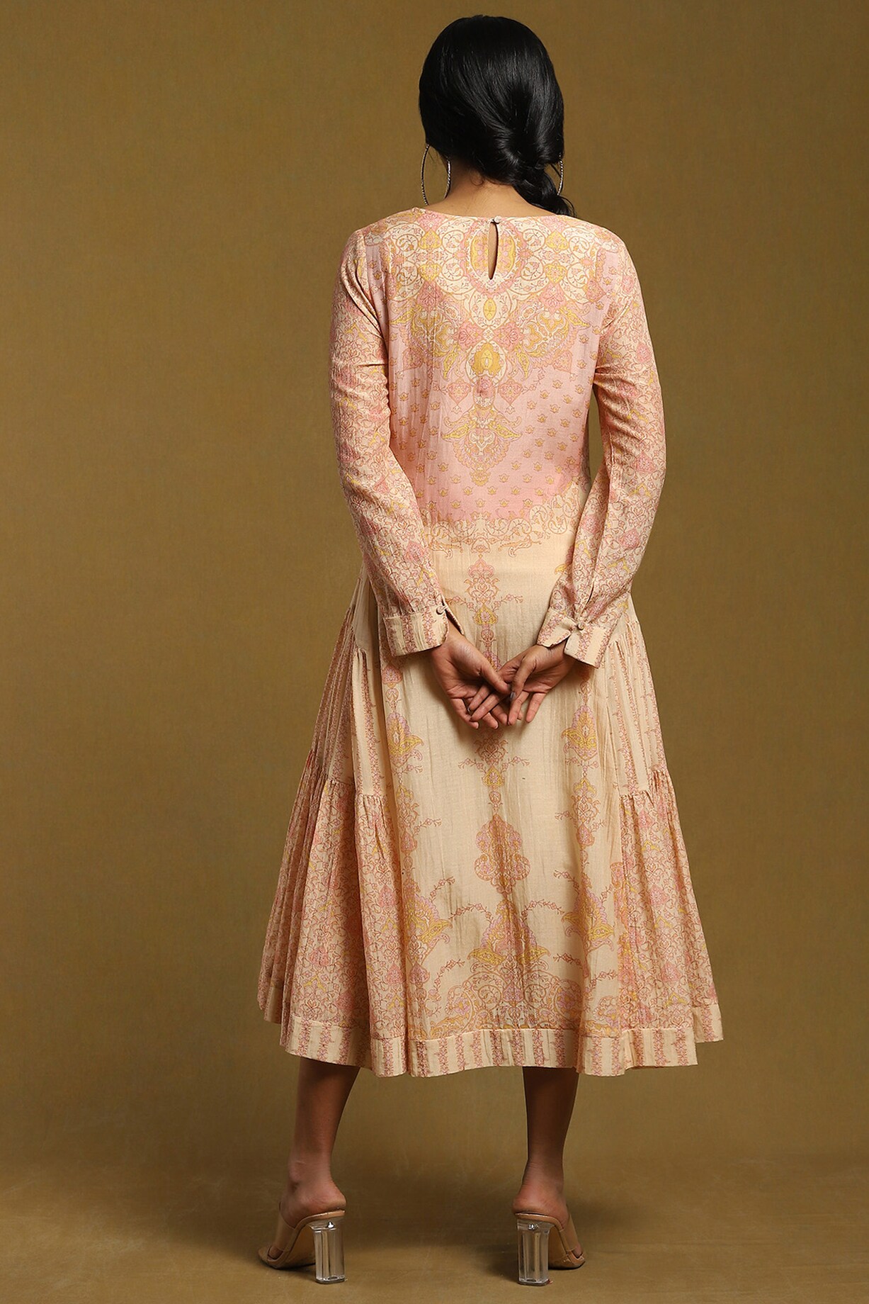 Beige Printed Tiered Maxi Dress by Ritu Kumar at Pernia's Pop Up Shop 2024