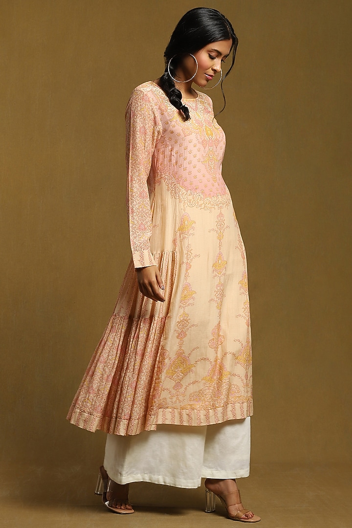 Beige Printed Tiered Maxi Dress by Ritu Kumar at Pernia's Pop Up Shop 2024