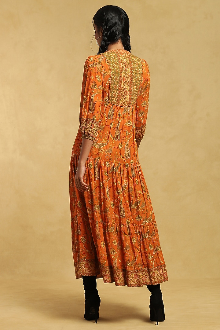Rust Orange Printed Tiered Maxi Dress by Ritu Kumar at Pernia's Pop Up ...