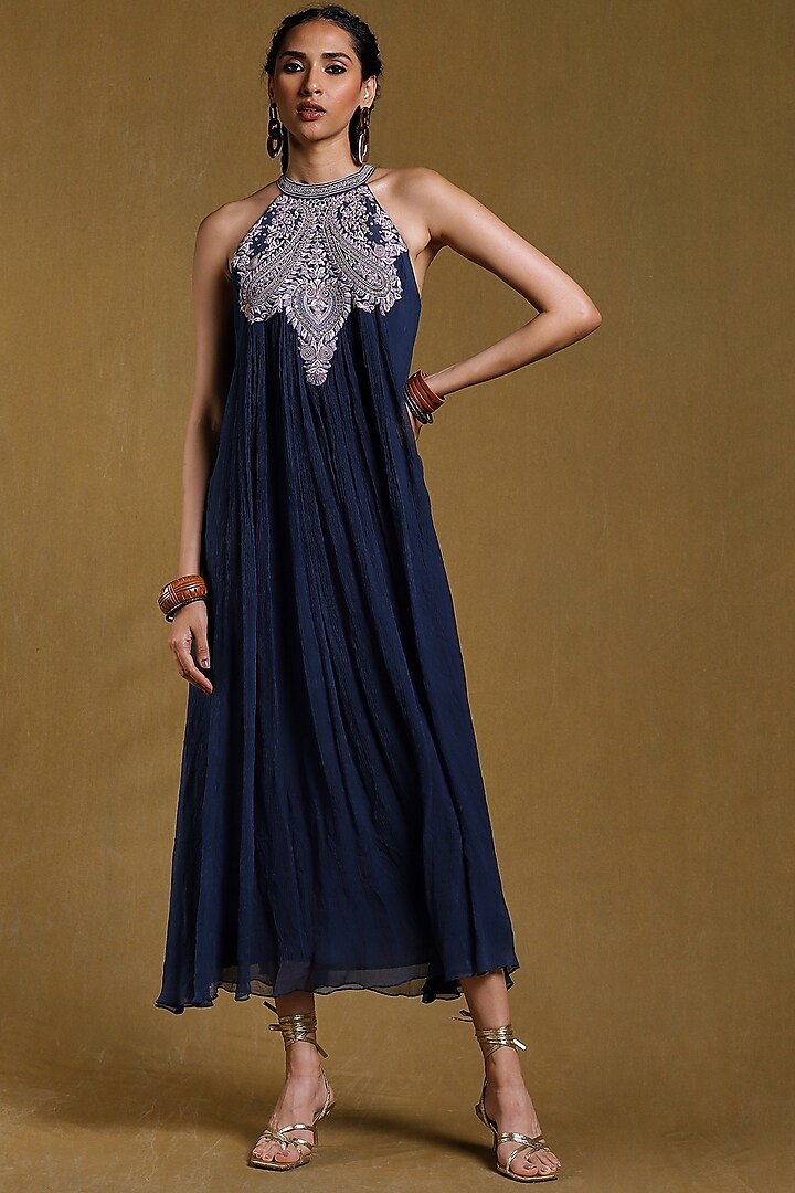 Blue Embroidered Maxi Dress Design By Ritu Kumar At Pernias Pop Up