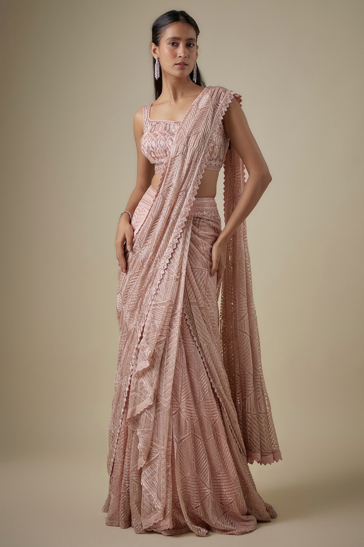 Rose Pink Net & Double Georgette Embroidered Lehenga Saree Set by ...
