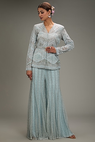 Ice Blue Double Georgette & Crepe Sharara Set by Ritika Mirchandani at ...