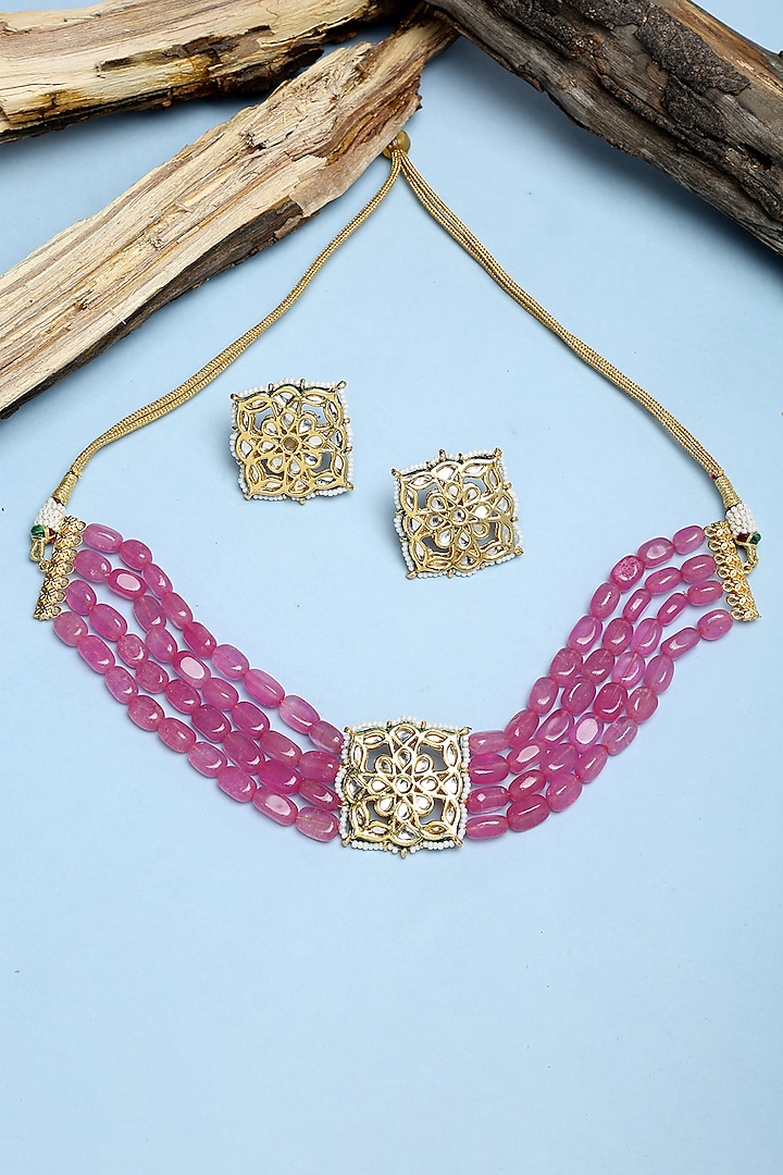 Gold Finish Pink Kundan Polki Choker Necklace Set by Ruby Raang at Pernia's Pop Up Shop 2025