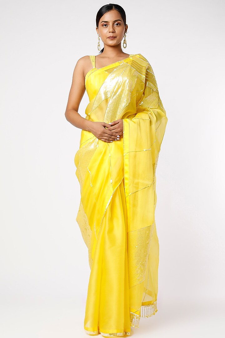 Bright Yellow Sequins Embroidered Saree Set by Ruchi Soni at Pernia's ...