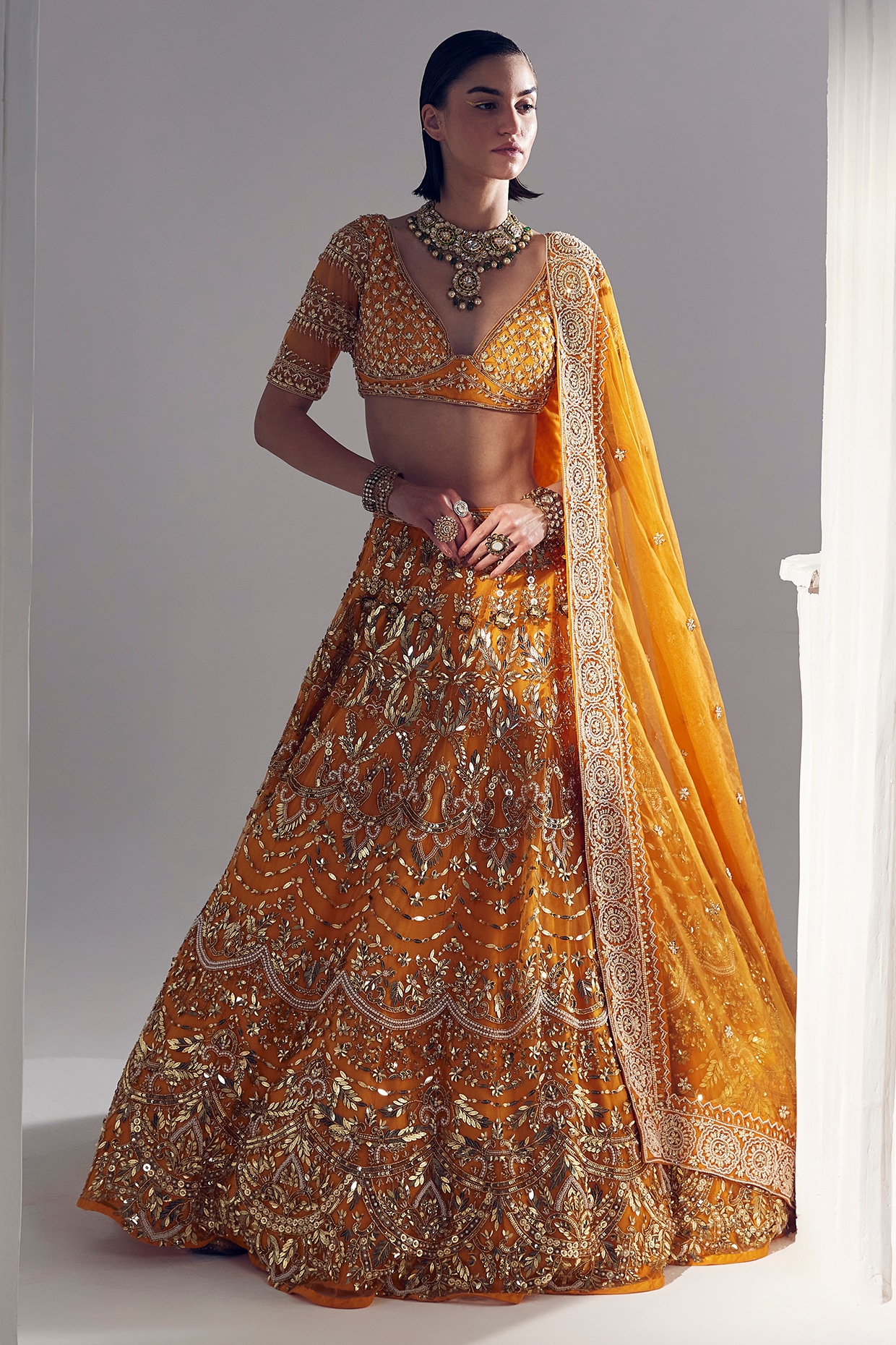 Sunset Orange Net Pearl & Sequins Embroidered Bridal Lehenga Set by ...