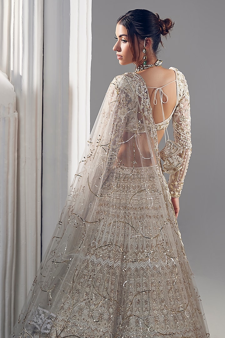 Ivory Net Thread Embroidered Bridal Lehenga Set by Ruchika Hurria at ...