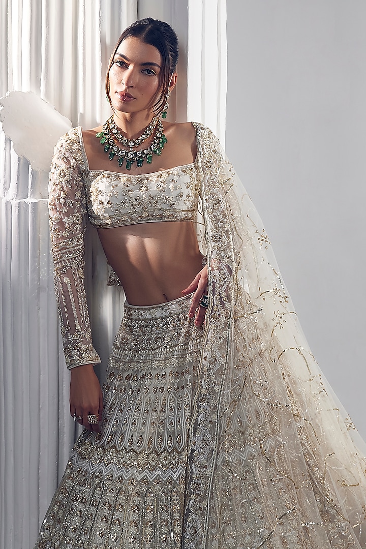 Ivory Net Thread Embroidered Bridal Lehenga Set by Ruchika Hurria at ...