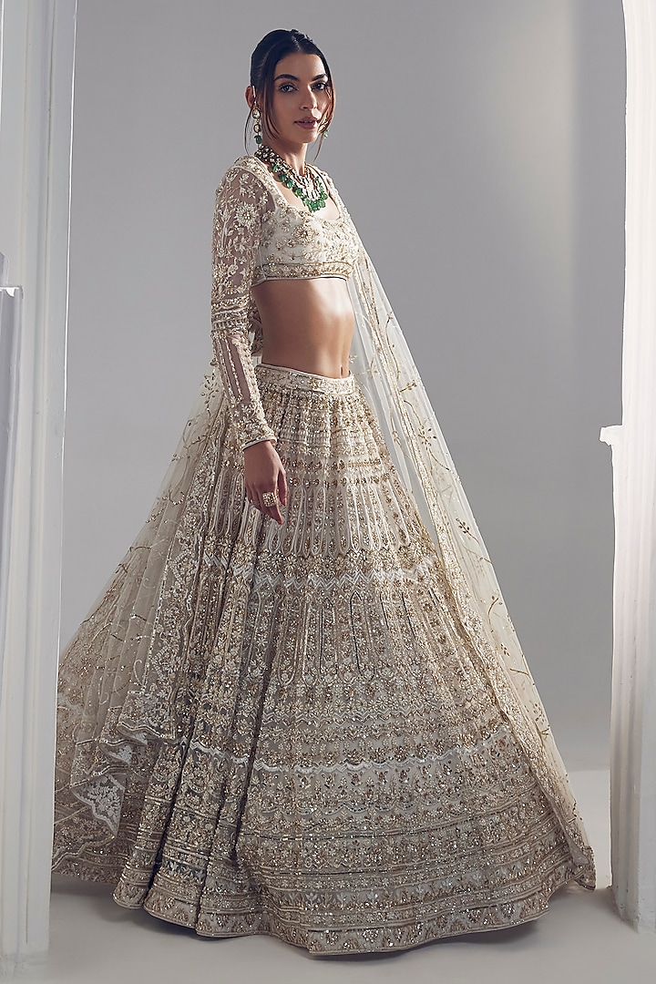 Ivory Net Thread Embroidered Bridal Lehenga Set by Ruchika Hurria at ...